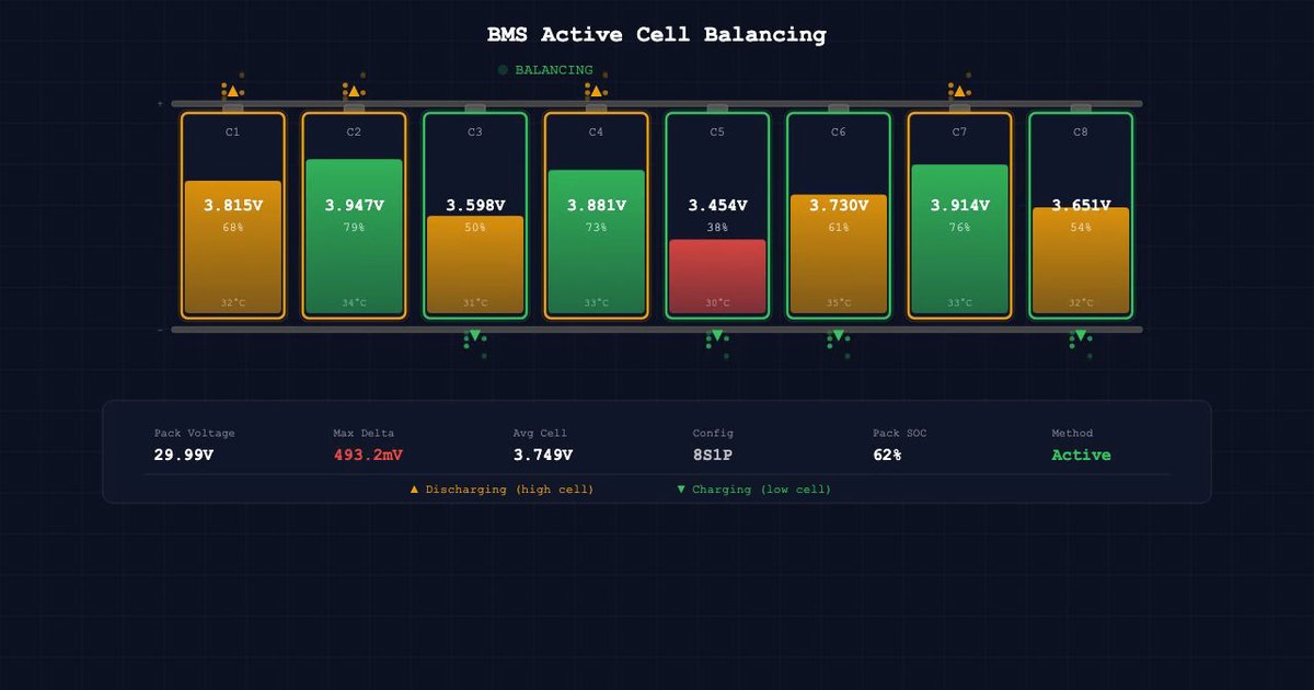 BMS Active Cell Balancing Animation - 8S1P Pack with Energy Flow ...